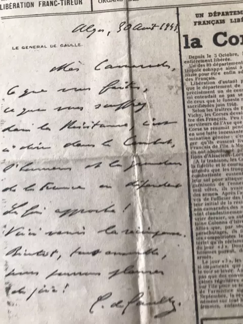 RARE LETTRE DU Général De Gaulle 30 août 1943 Combat militaria guerre £ ...