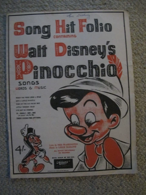 WALT DISNEY'S PINOCCHIO Song Hit Folio - Rare 1940 Music Songbook $49. ...