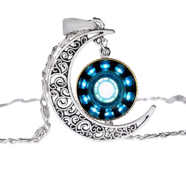 VINTAGE SUPER HERO Iron Man Arc Heart Moon Charm Glass Necklace $0.99 ...