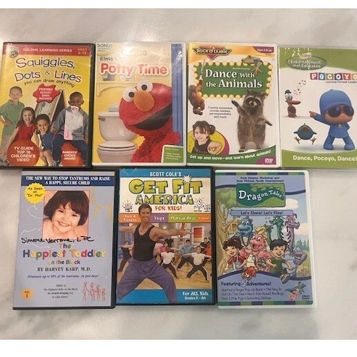 KIDS LEARNING DVDS Lot: Elmo, Dragon Tales, Pocoyo, Squiggles, Get Fit ...
