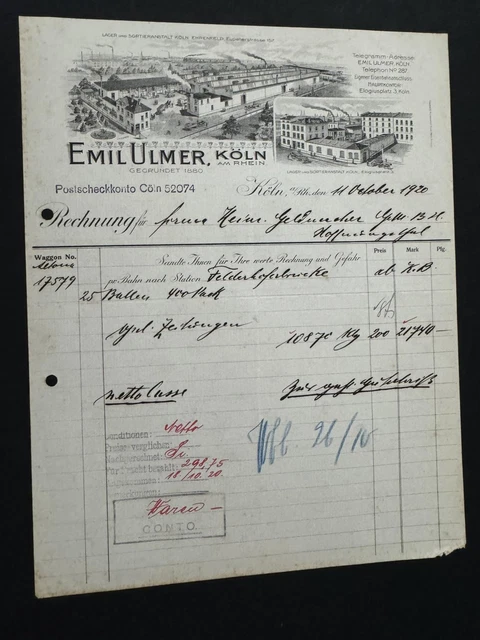 RECHNUNG KÖLN EMIL Ulmer 1920 Ehrenfeld Lager- und Sortieranstalt EUR 6 ...