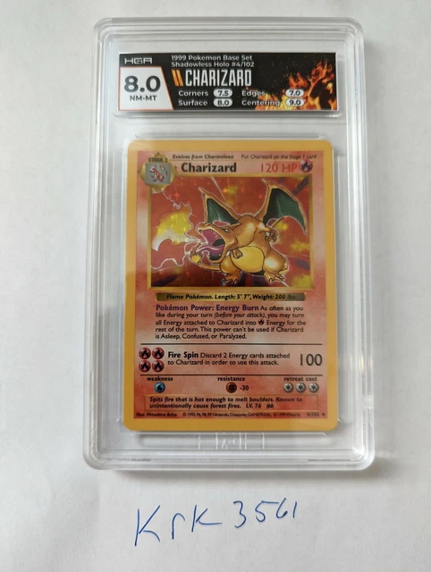 HGA 8 SHADOWLESS Charizard Pokemon Base Set 4/102 Holo Near Mint-Mint ...