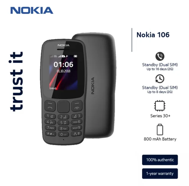 NOKIA 106 DUAL Sim BLACK (Unlocked) 2G Basic Mobile Phone New Boxed UK ...