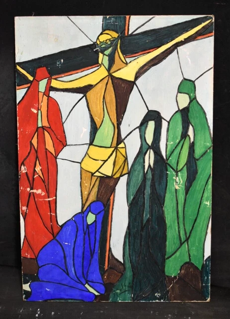 TABLEAU ANCIEN HUILE scène religieuse cubiste crucifixion école ...
