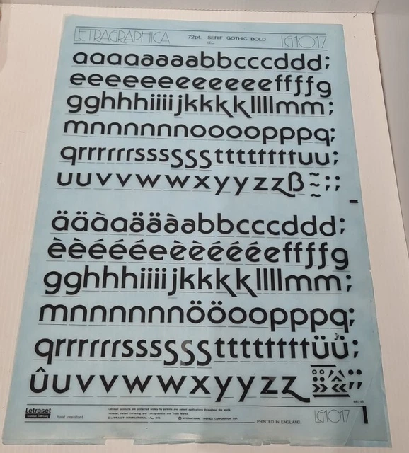 VINTAGE LETRASET INSTANT Lettering Typeface Sheet NOS - Serif Gothic ...