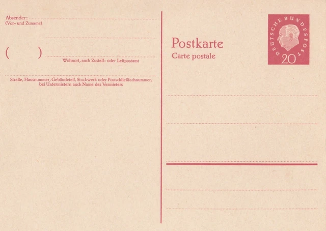 POSTKARTE THEODOR HEUSS 20 Pfennig postfrisch 1959 EUR 9,99 - PicClick DE