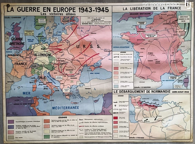 CARTE SCOLAIRE MDI vintage WW2 Guerre en Europe, débarquement, Dday, Overlord EUR 75,00 ...