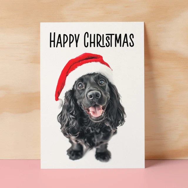 FUN CHRISTMAS CARD of a Black Cocker Spaniel Dog Wearing A Santa Hat ...