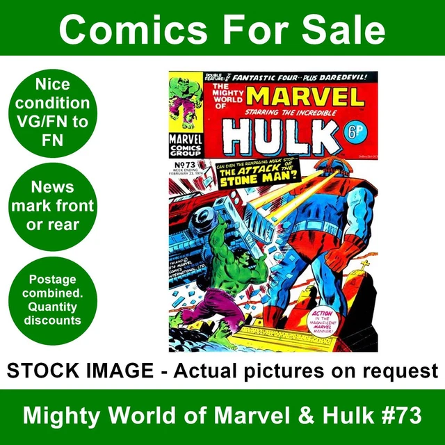MIGHTY WORLD OF Marvel & Hulk #73 comic VG/FN Feb 1974 Marvel UK EUR 5 ...