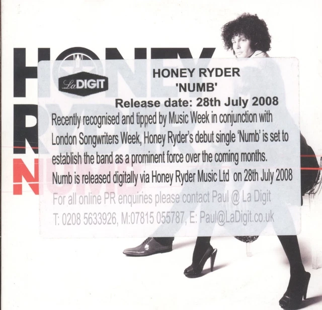 HONEY RYDER NUMB CD UK Autonomy 2008 promo CDR in card sleeve. Has ...
