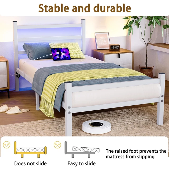 BORPHOM 3FT SINGLE Bed Frame with Headboard & LED 90 x 190 cm, White ...