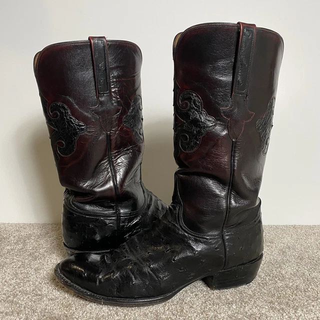 LUCCHESE MENS BLACK Cherry Ostrich Western Leather Boots SIze 8.5D 8.5 ...