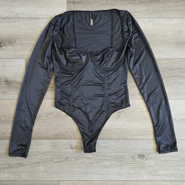 SKIMS S BLACK Sheer Shiny Shaper Bodycon Slimmer Bodysuit Wired Bra ...