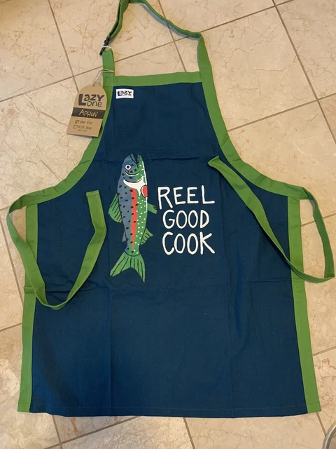 NEW MENS APRON Butcher Grill Style REEL GOOD COOK Fish Design Blu Green ...