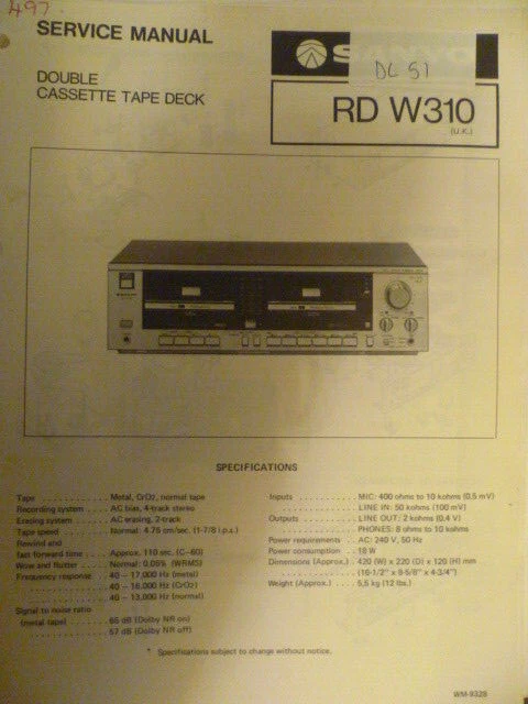 MANUEL D'ENTRETIEN DE la plate-forme de cassette stéréo Sanyo RD-W310 ...
