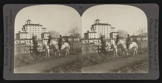 MAN AND WOMAN riding typical saddle horses, Colorado Springs, Colo- Old ...