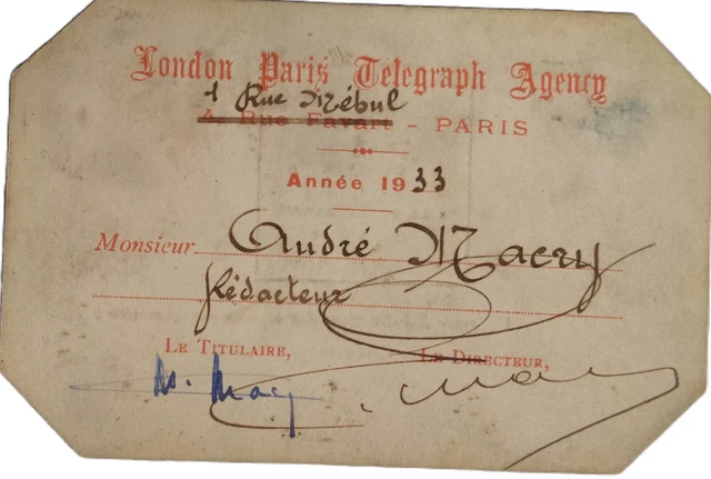 1933 - CARTE De Journaliste Au London Paris Telegraph Agency EUR 23,66 ...