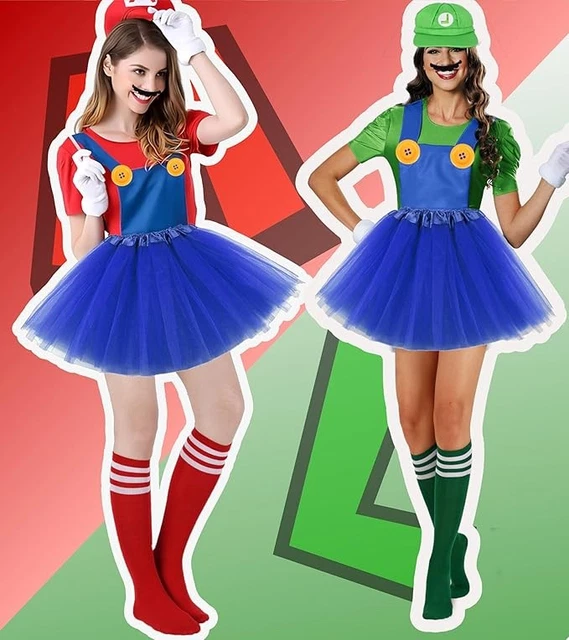 WOMEN ADULT SUPER Mario and Luigi Fancy Dress Plumber Bros Halloween ...