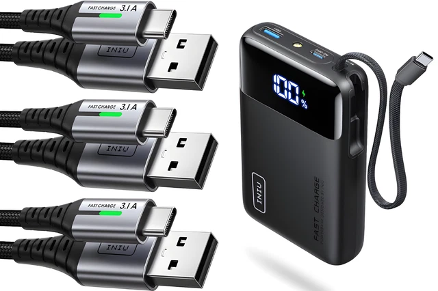 INIU POWER BANK, Small 20000mAh, 45W built in USB C Cable + 3pc Cable ...