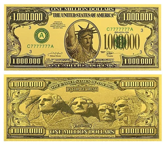 US ONE MILLION Dollars Bank Note Geld Vergoldet Selten Geld USA $1 ...