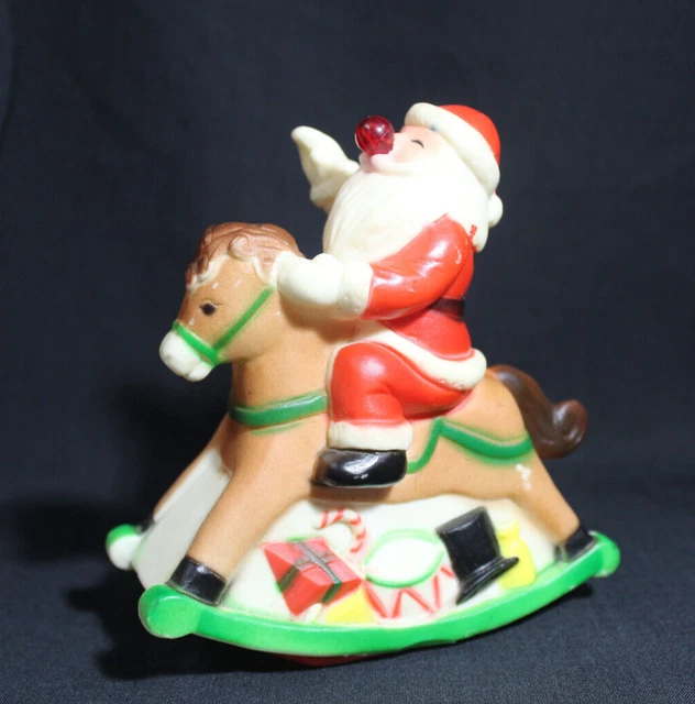 VINTAGE BLINKING NOSE Rubber Santa on Rocking Horse Hong Kong WORKS! £9 ...
