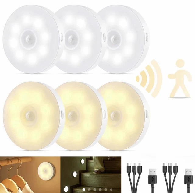 3 PACK MOTION Sensor Night Lights USB Rechargeable 8 LED Under Cabinet ...
