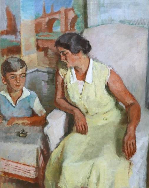 TABLEAU FEMME ENFANT mère maternité école PARIS devoirs huile toile ...