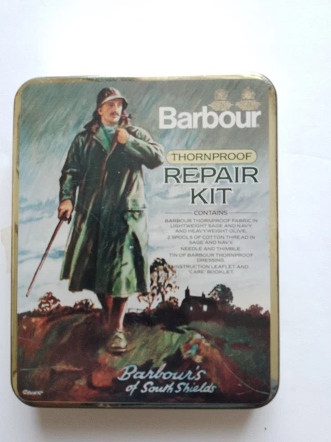 BARBOUR THORNPROOF REPAIR KIT IN METAL TIN Made In England Vintage Wax ...
