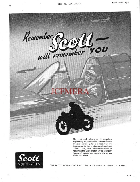 SCOTT MOTOR CYCLE Co. Ltd. Saltaire Shipley WW2 ADVERT 2 1944 Print Ad ...