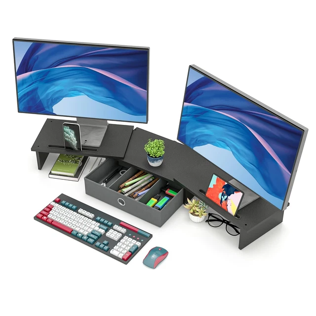 DUAL MONITOR STAND Riser with Drawer for Desk, Wooden Computer Monitor ...