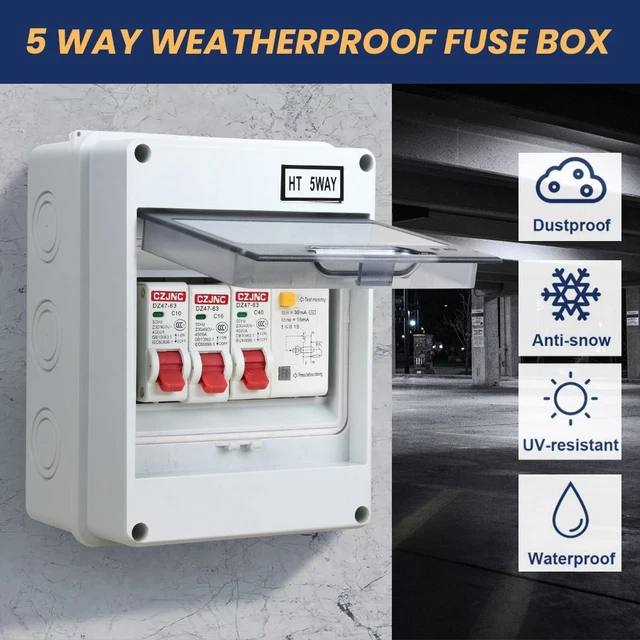 5 WAY GARAGE Caravan Campervan IP65 Consumer Unit 16 40A 30mA RCD 2 MCB ...