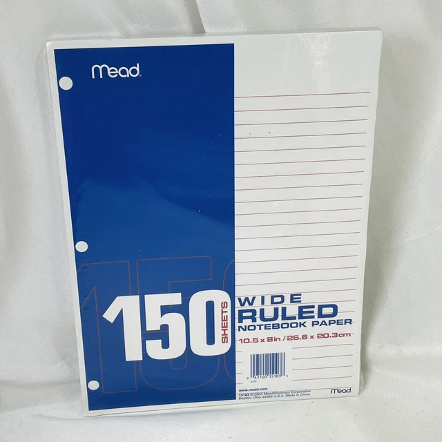 MEAD, WIDE RULED 3 Hole Notebook Paper 10.5” Standard Size 150 sheets ...