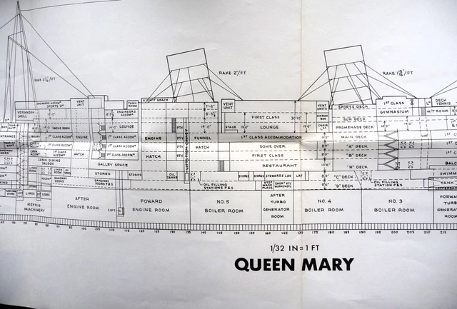 CUNARD QUEEN MARY very detailed plan with dimensions, compartment ...