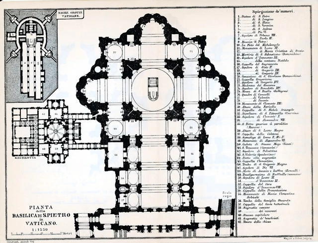 BASILICA DI SAN Pietro Vaticano 1903 picc. pianta orig. + piano di ...