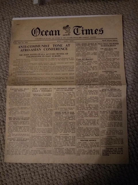 OLD VINTAGE OCEAN TIMES NEWSPAPER MAGAZINE 1955 CUNARD RMS QUEEN MARY ...