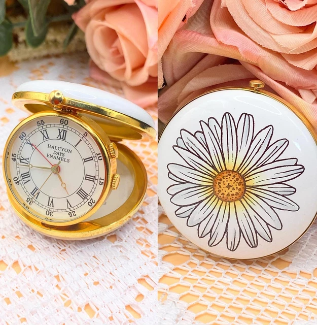 RARE HALCYON DAYS travel clock, enamel pocket watch, Daisy design ...