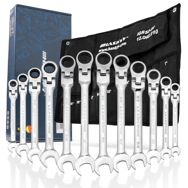 HASKYY 12TLG ZOLL Gelenk-Ring-Maul-Ratschenschlüssel Satz 1/4"-1" Inch Imperial EUR 39,99 ...