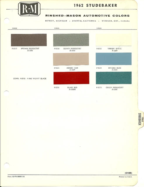 1959 STUDEBAKER COLOR Chip Paint Sample Brochure/Chart: PPG, Ditzler $9 ...
