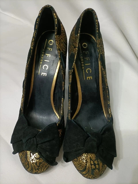 OFFICE LONDON LADIES Black/ Gold Brocade Court Shoes Size UK 5 Wedding ...