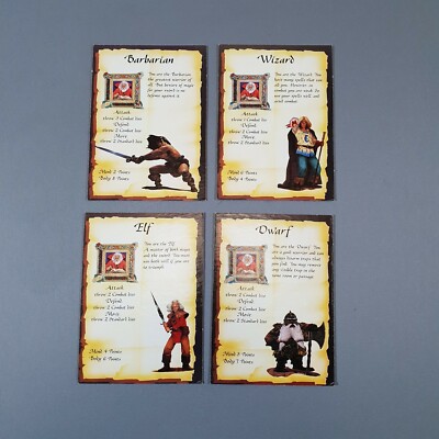 HEROQUEST CHARACTER CARD Set Elf Barbarian Dwarf Wizard 1989 Hero Quest ...