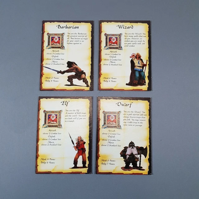 HEROQUEST CHARACTER CARD Set Elf Barbarian Dwarf Wizard 1989 Hero Quest ...