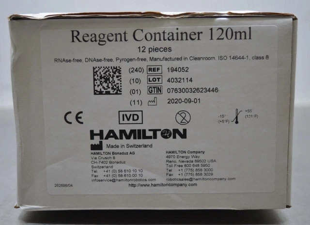 HAMILTON 120 ML Reagent Container Model 194052 + Box of 12 + $99.99 ...