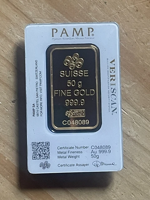 50 GRAM GOLD Bar - PAMP Suisse Fortuna Veriscan (In Assay) .9999 Fine ...