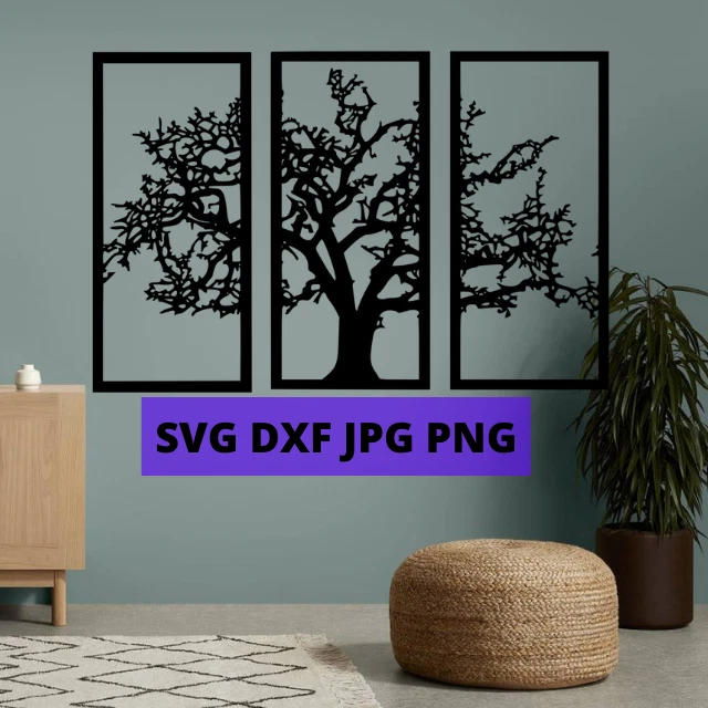 DXF SVG PNG LASER ROUTER CNC Cutting File 3 Panel Tree Wall Art Design ...