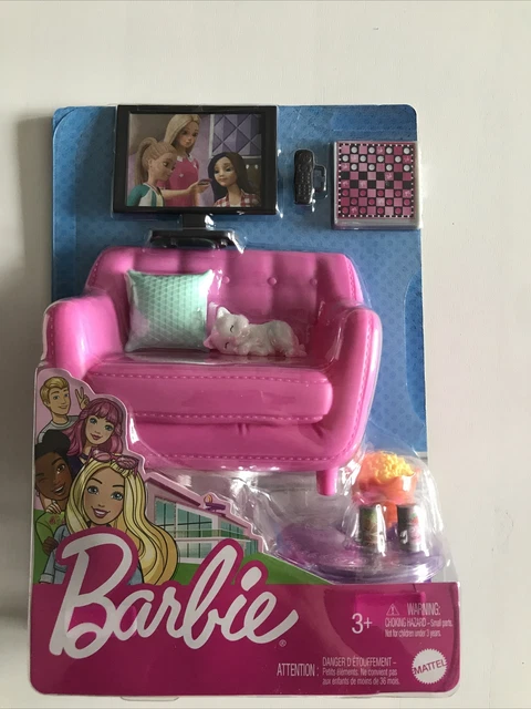 BARBIE SOFA, TV Playset with Cat and Dreamhouse Accessories £16.99 ...