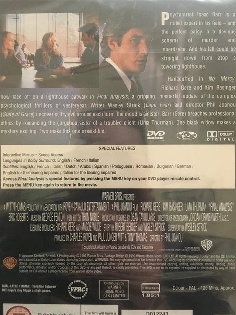 FINAL ANALYSIS DVD Richard Gere Kim Basinger Brand New Original UK ...