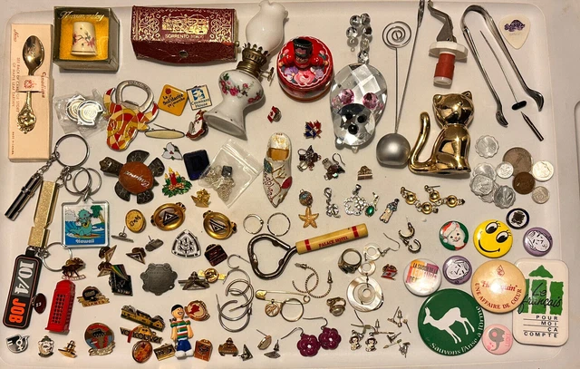 BIG ESTATE JUNK Drawer Lot Smalls pins costume jewelry Trinkets various ...