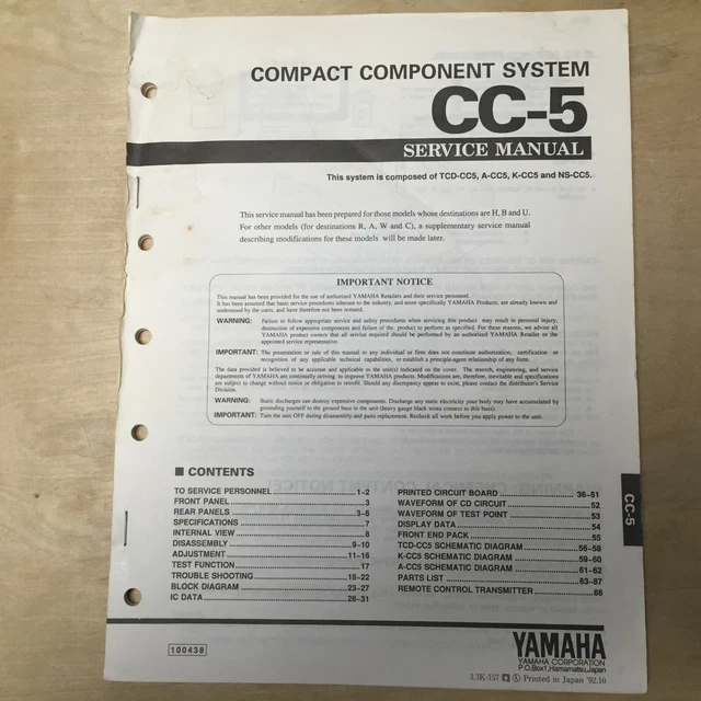 ORIGINAL YAMAHA SERVICE Manual for the CC-5 TCD A K NS CC5 Stereo ...