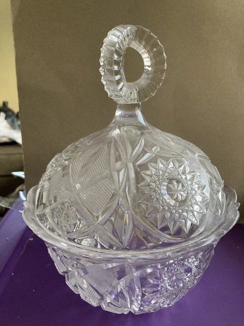 VINTAGE CLEAR LEAD Crystal Glass Orb Finial Lidded Round Candy Dish ...