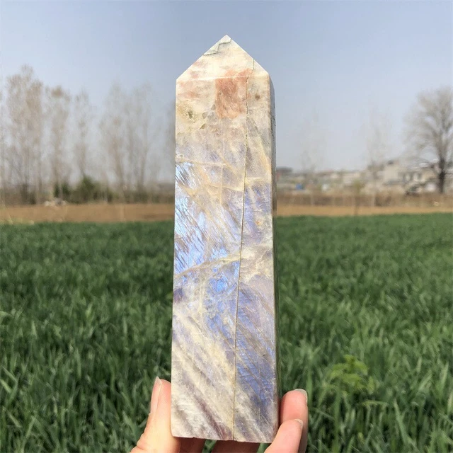390G NATURAL MOONSTONE Obelisk Carved Quartz Crystal Wand Point EUR 59 ...